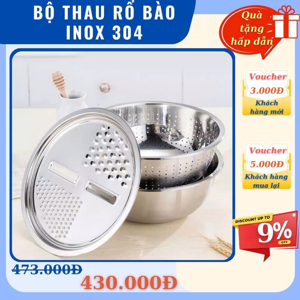 (QUÀ TẶNG HẤP DẪN) Bộ Nạo Rau Củ Quả Đa Năng Inox 3 in 1-Bộ thau rổ bào ...