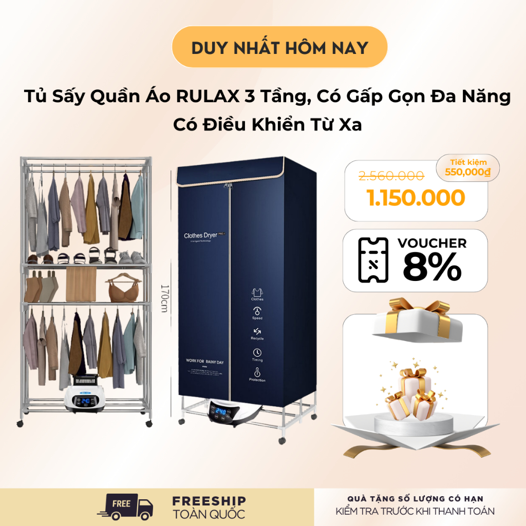 Tủ Sấy Quần Áo RULAX 3 Tầng, Có Gấp Gọn Đa Năng, Có Điều Khiển Từ Xa ...