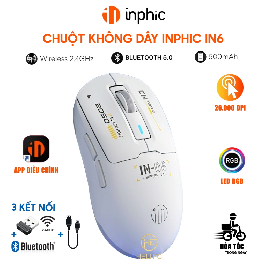 Chuột Gaming không dây Bluetooth Inphic IN6 3 chế độ kết nối pin sạc có App tùy chỉnh 26.000 DPI ...