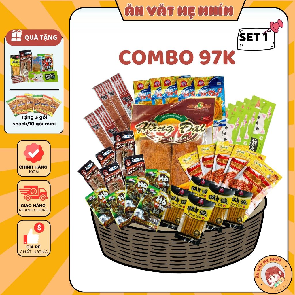 Combo đồ ăn vặt 97K - Bò nướng, bánh pò, thịt hổ, que tăm cay Hằng Đại ...