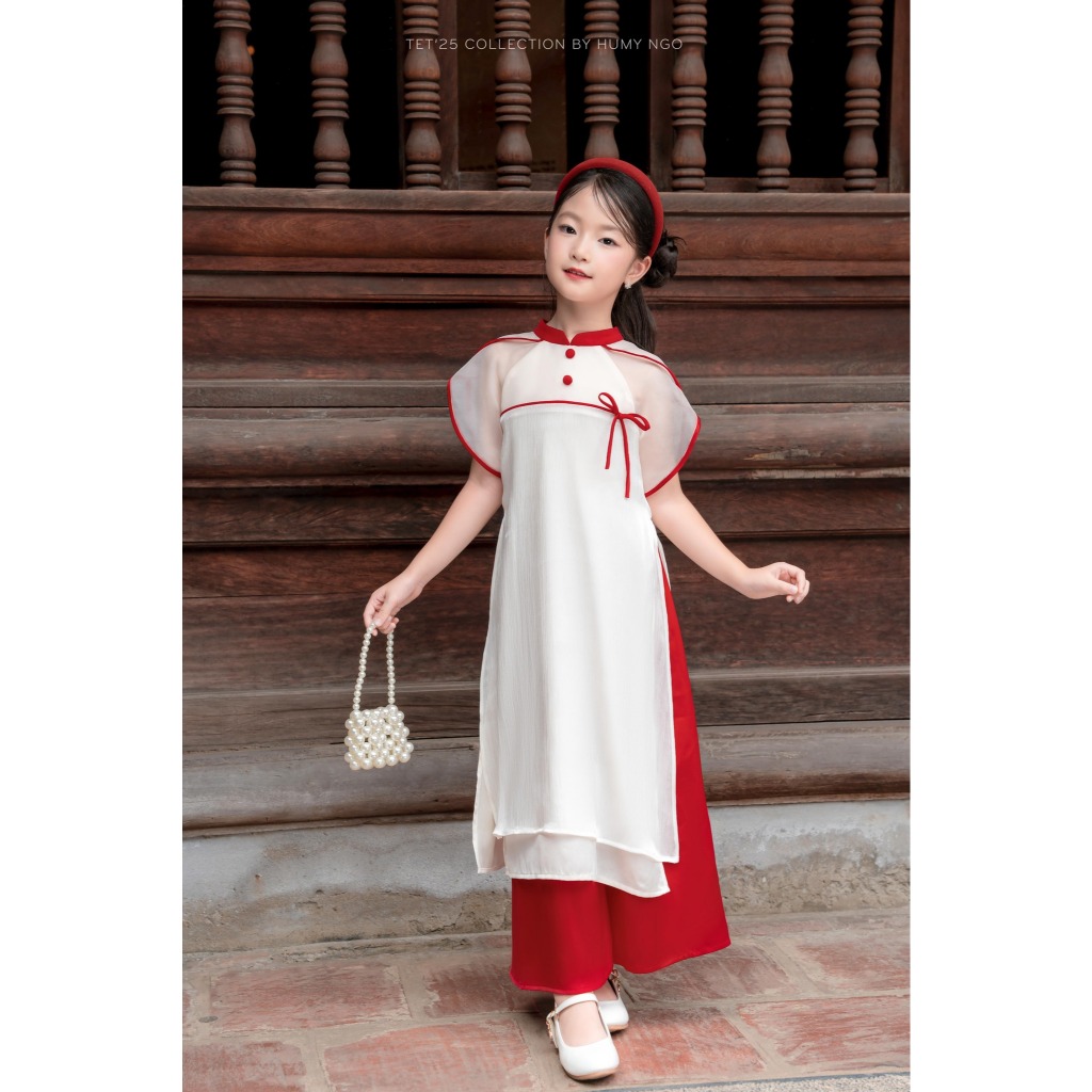 Áo dái cách tân bé gái HUMY NGO chất liệu tơ lụa ánh be phối đỏ cao cấp cho bé từ 14 - 42kg ...
