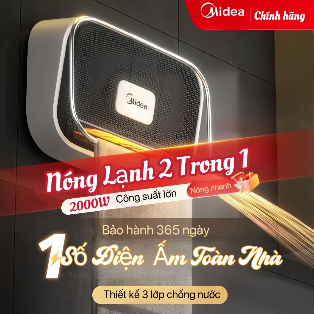 Máy sưởi nhà tắm Midea 2000W treo tường nóng lạnh 2 trong 1 chống thấm ...