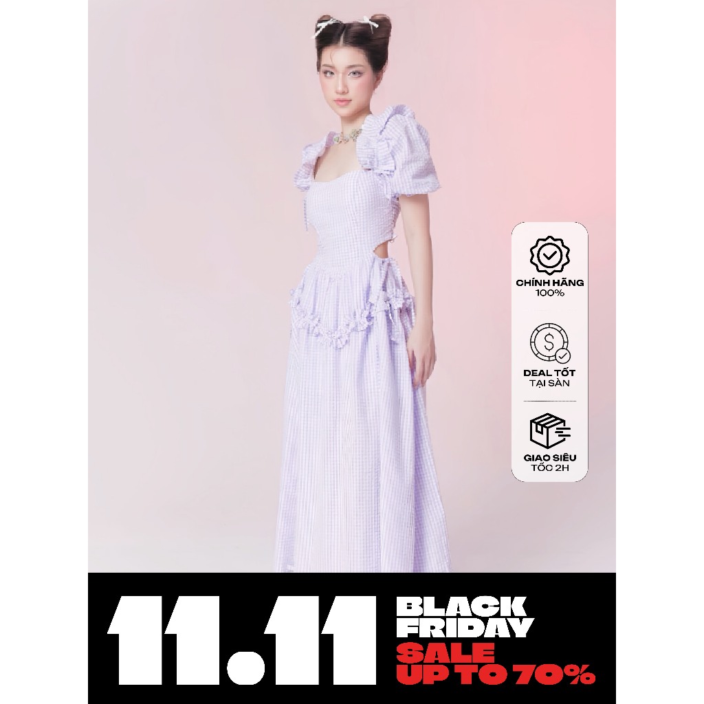 NEW_Resses_Đầm dài xòe 2 lớp TENOA TÍM vải cotton caro dày dặn, tay ...