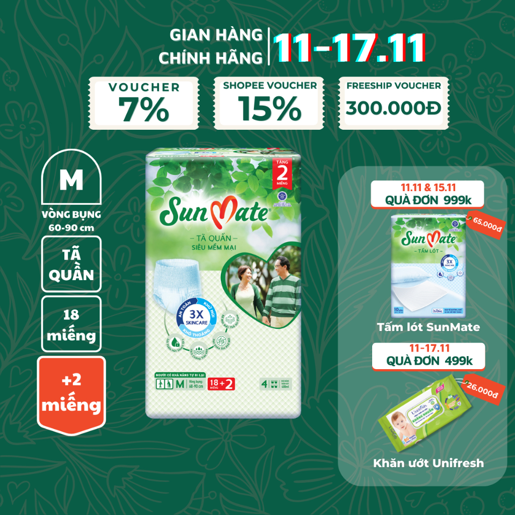 Tã quần người lớn SunMate siêu mềm mại mới size M18/L16/XL14 + 2 miếng | Shopee Việt Nam