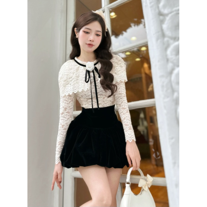 Áo ren len nhung cao cấp MadebyThuyLinh ( màu kem ) | Shopee Việt Nam