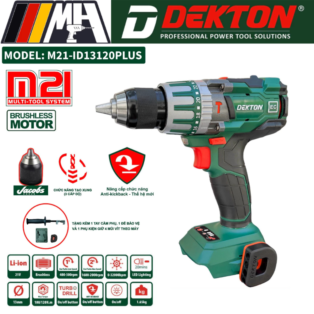 [Chính Hãng] Máy Khoan Pin 3 Chức Năng Dekton M21-ID13120PLUS Đầu Cặp 13mm- Lực Xoắn 120N.m ...