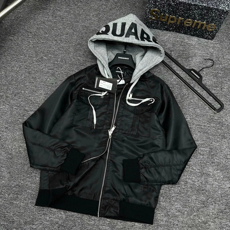 Áo khoác gió mũ DSQ zip ngực phối 2 khóa mũ nỉ xám 2 lớp in chữ, Áo gió DSQ phối nũ nỉ xám ...