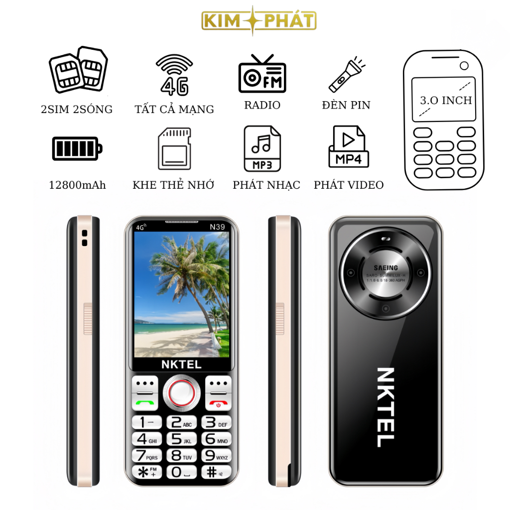 NKTEL Điện Thoại 4G - 2 Sim 2 Sóng - Loa Lớn - Pin Trâu 12800mAh + Đèn ...