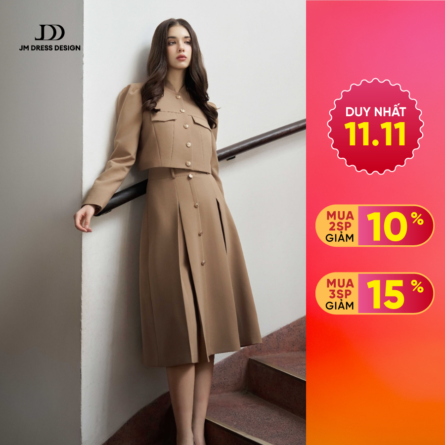 Set bộ áo trench coat dáng ngắn tay bồng 5C03.2410K, Chân váy xếp ly chụm 4L11.2410K thiết kế ...