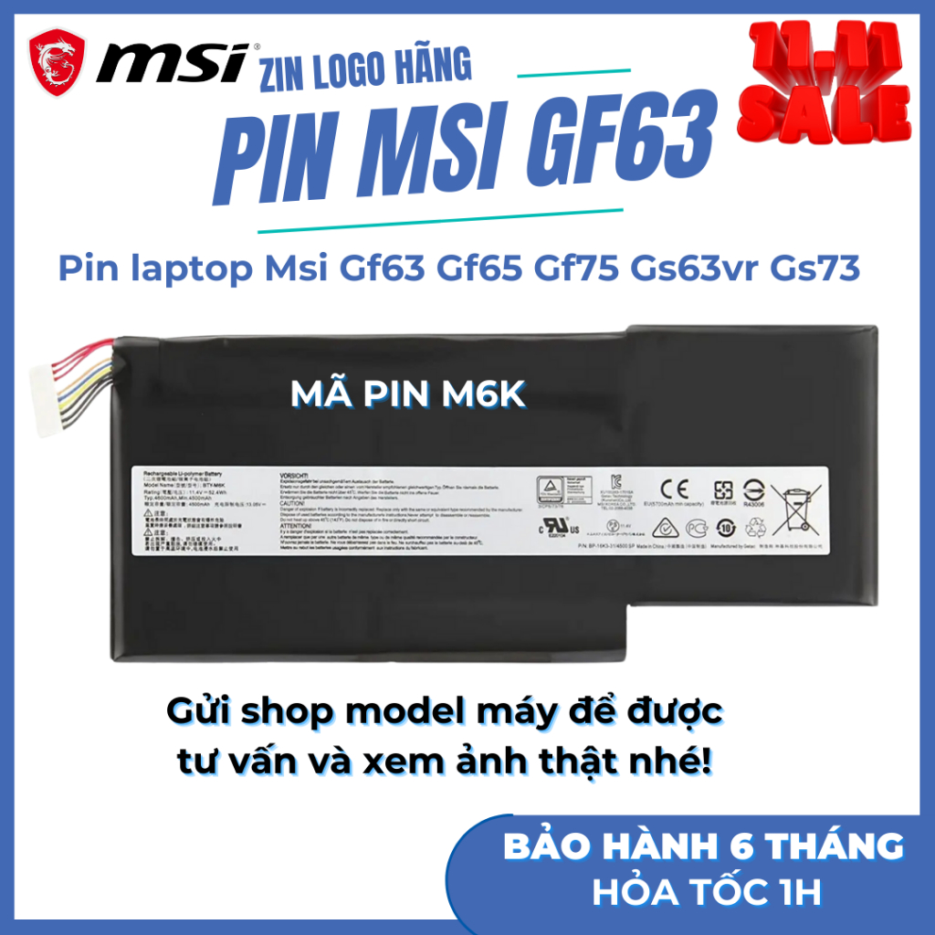 Pin Laptop MSI GF63 GF75 GF73-8RC 7RG 7RG-005 52.4WH BTY-M6K MS-17B4 MS ...