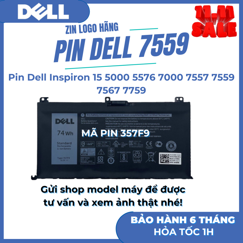 Pin Zin Laptop Dell Inspiron 15 5000 5576 5577 15 7000 7557 7559 7566 ...