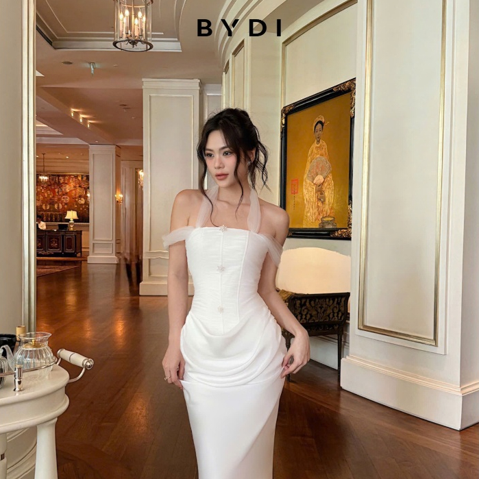 [BYDI DESIGN] Đầm Thiết Kế Trễ Vai Dáng Dài Nhún Eo Tôn Dáng Sang Trọng | EVA | Shopee Việt Nam