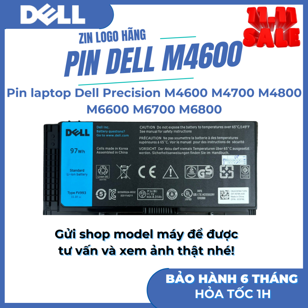 Pin Laptop Dell Precison M4600 M6600 M4700 M4800 M6800 M6700 46600 6600 4700 4800 6800 6700 97Wh ...