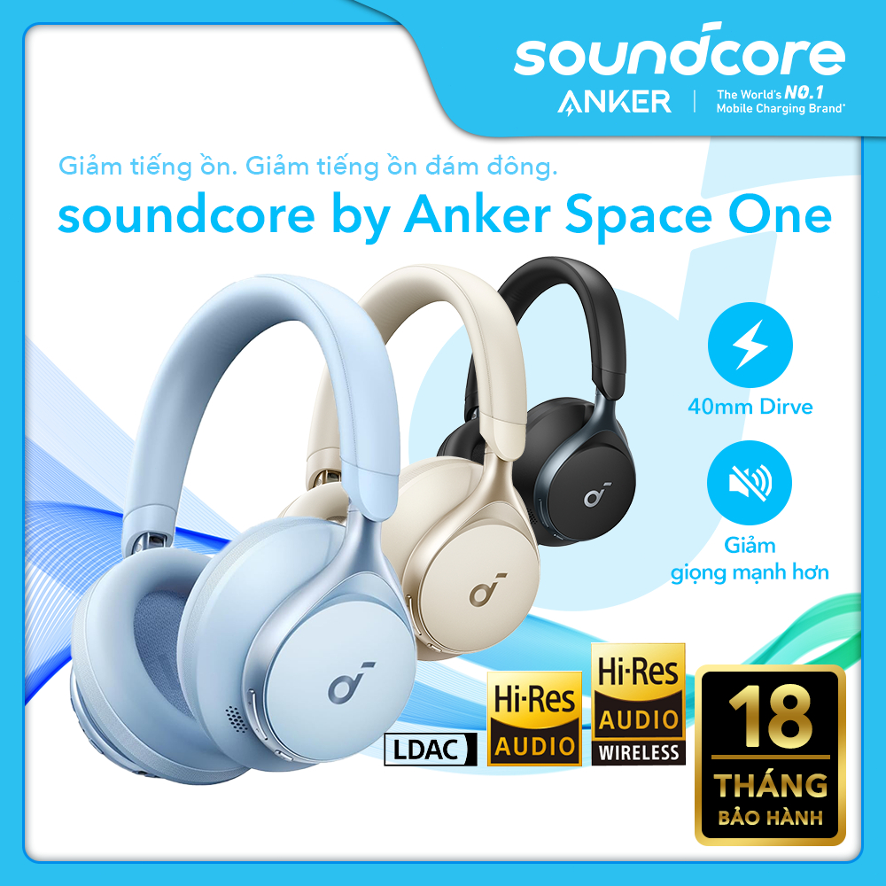 Soundcore by Anker Space One, Tai nghe chống ồn chủ động 98%, Thời gian phát ANC 40 giờ, A3035 ...