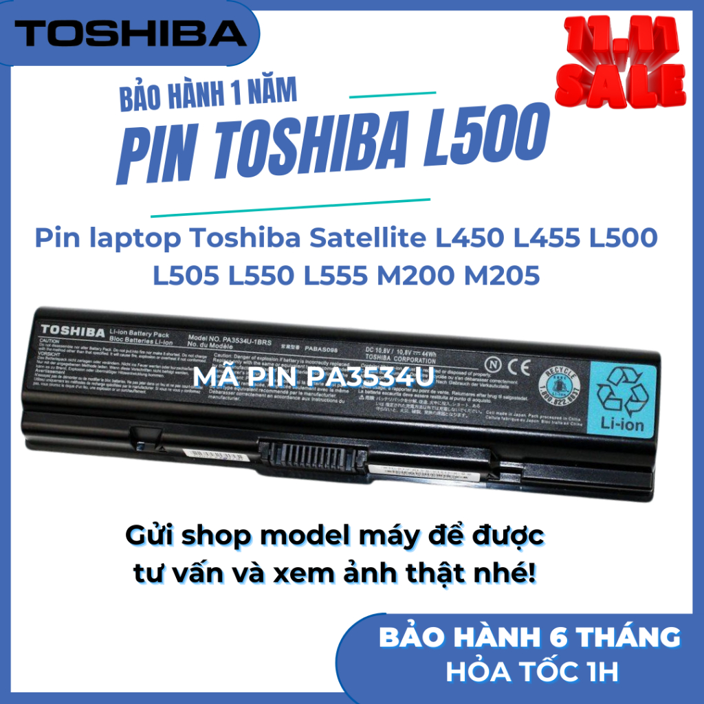 Pin laptop Toshiba Satellite L450 L455 L500 L505 L550 L555 M200 M205, Dynabook (PA3534U) BẢO ...