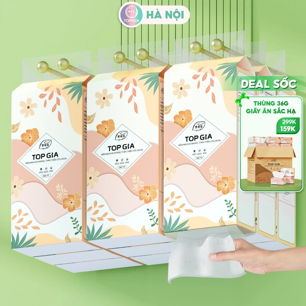 Giấy vệ sinh treo tường Top Gia Hạ Sắc, thùng 6 bịch đa sắc làm từ bột gỗ nguyên chất, 1280 tờ 4 ...