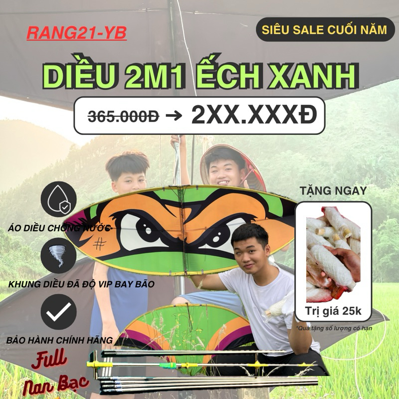 Diều 2mét1 ếch xanh ninja nan cacbon bạc độ vip bao bão kèm 150mét dây ...
