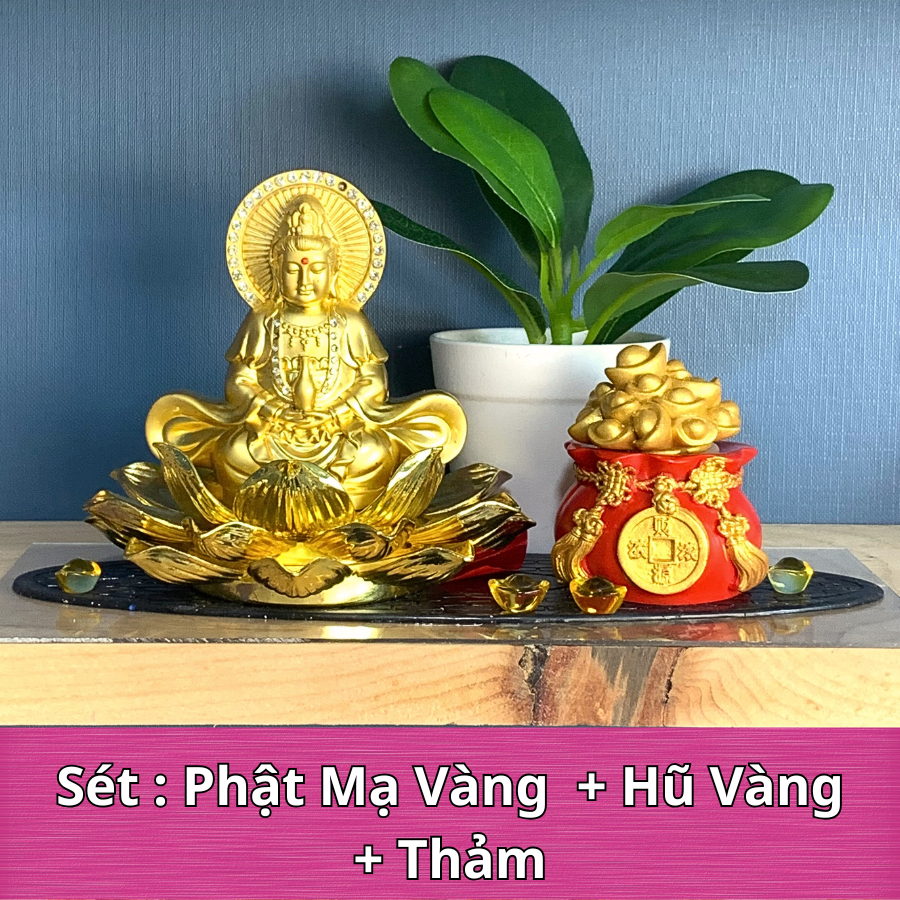 Sét tượng phật mix hũ vàng may mắn bình an dùng trang trí trên taplo xe ...