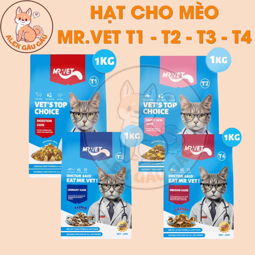 Thức Ăn Hạt Cho Mèo MrVet T1, T2, T3, T4 Túi 1kg Có Topping Cho Mèo Mọi Lứa Tuổi - ALEX | Shopee ...