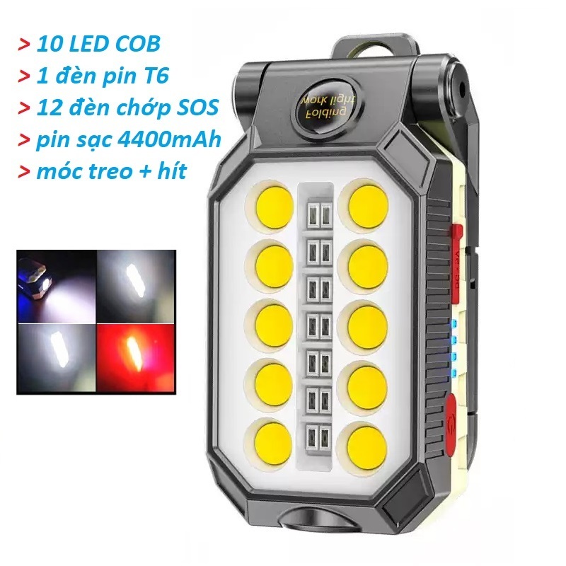 Đèn sạc tích điện 10 bóng COB tích hợp đèn pin đèn chớp pin sạc 4400mAh ...