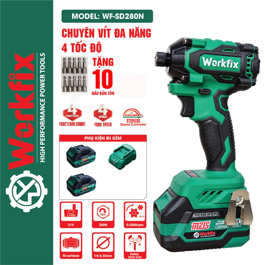 Máy Bắn vít Workfix WF-SD280N Màu Xanh, Lực Siết 280Nm, 4 Cấp Tốc Độ và ...