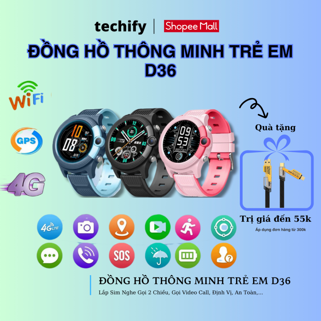 Đồng Hồ Thông Minh Trẻ Em TECHIFY D36 Nghe Gọi Video Nhắn Tin Định Vị ...