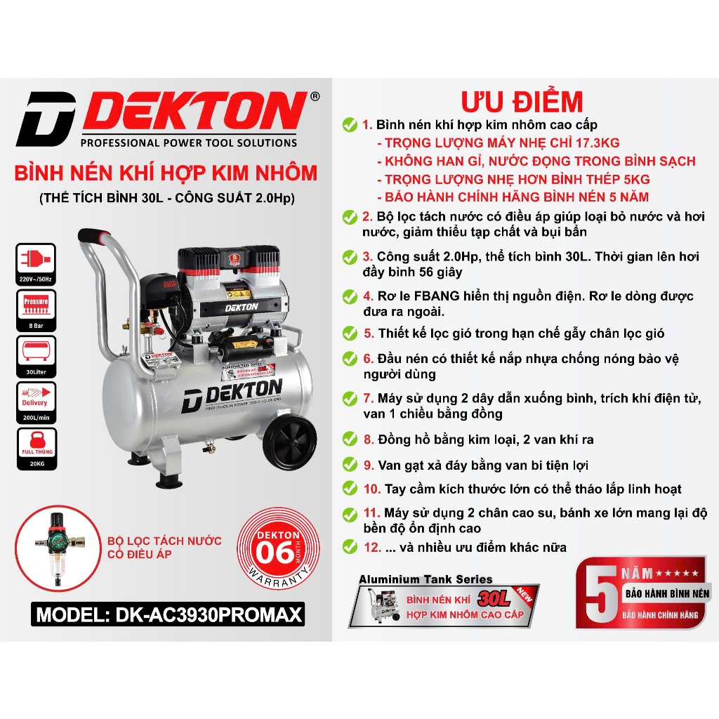 [CHÍNH HÃNG] MÁY NÉN KHÍ HỢP KIM NHÔM CAO CẤP DEKTON DK-AC3930PROMAX - Dung Tích 30 Lít - Công ...