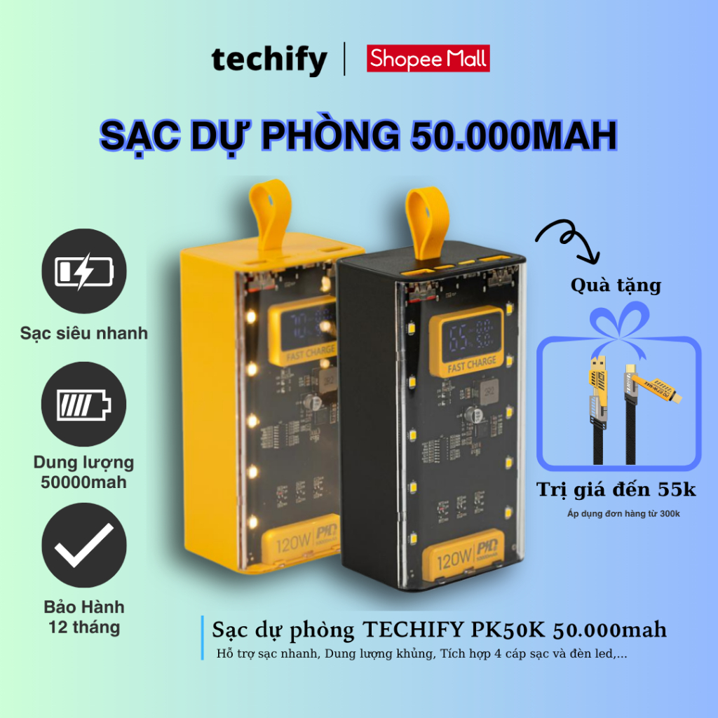Sạc Pin Dự Phòng TECHIFY PK50K 50.000mah Sạc Nhanh P.D20W Tích Hợp 4 ...
