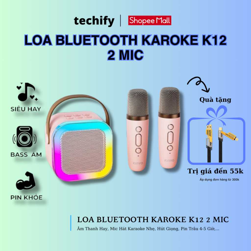 Loa Bluetooth Karaoke TECHIFY Mini K12 Âm Thanh Hay, Bass Chuẩn Kèm 2 ...