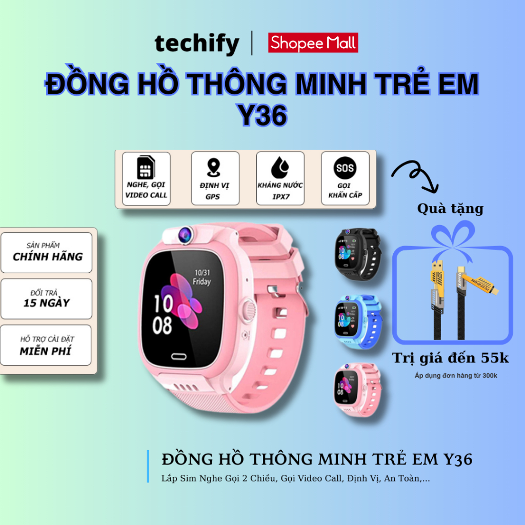 Đồng Hồ Thông Minh Trẻ Em TECHIFY Y36 Gọi Video Call Chống Nước Có Tiếng Việt Lắp Sim Bảo Hành ...