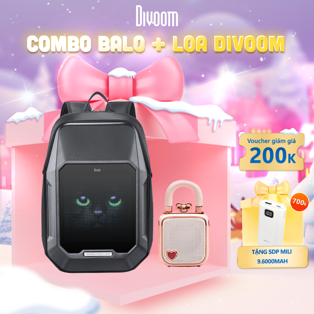 Combo balo divoom Cyberbag 64x64 pixel hiển thị màn hình led và loa bluetooth lovelock pink ...