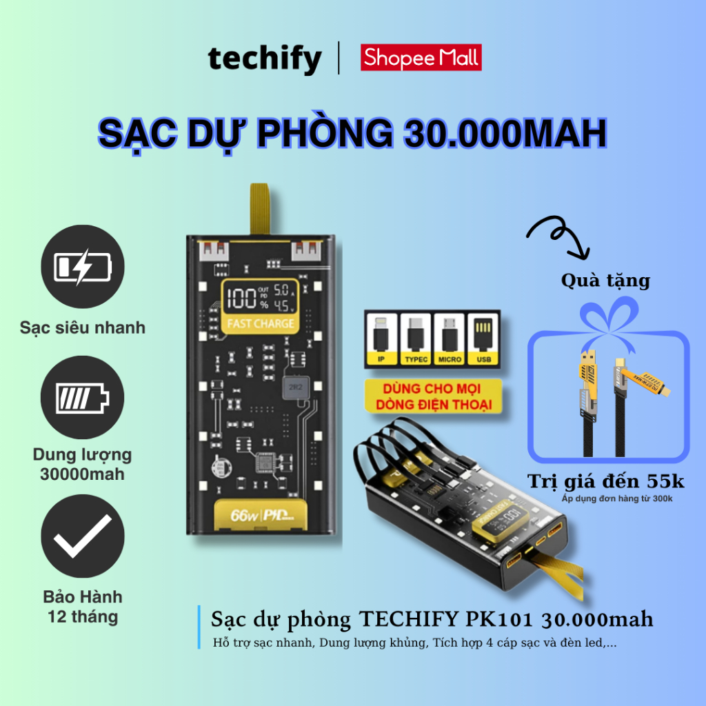 Sạc Dự Phòng TECHIFY Dung Lượng 30.000MAH PK101 Trong Suốt Sạc Nhanh PD 66W/20W Tích Hợp 4 Cổng ...