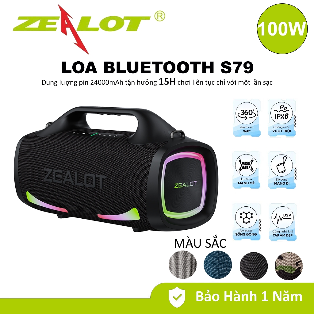 Loa Bluetooth Zealot S79 Công Suất 100W | Loa Di Động Hỗ Trợ Thẻ TF/USB/AUX/TWS Kết Nối 2 Loa ...
