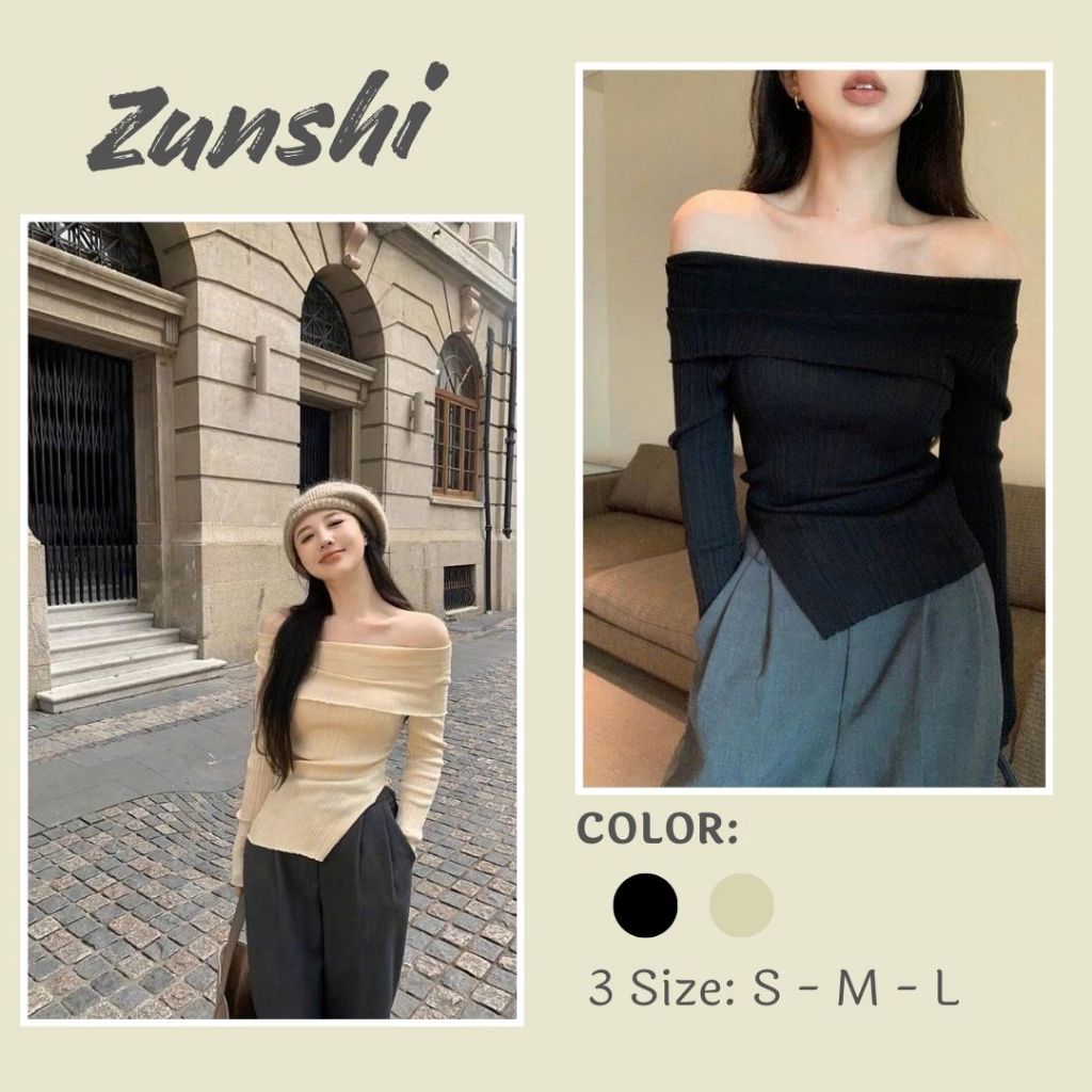 Áo kiểu trễ vai dài tay hàng loại 1, áo thun xẻ tà ZUNSHI - Chất vải gân dày dặn hở vai quyến rũ ...