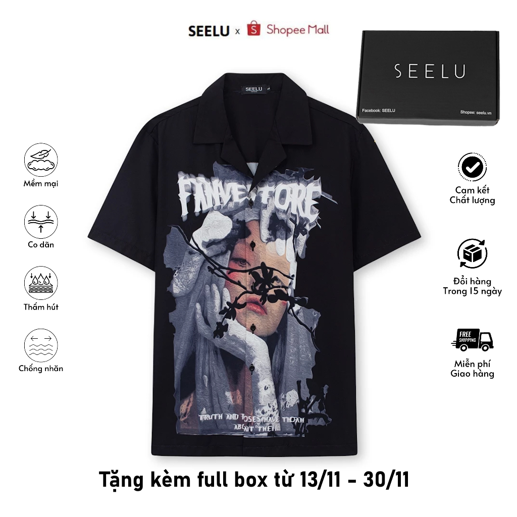 Áo sơ mi nam SEELU vải lụa thoáng mát, form regular, Sơ mi in fanave ...