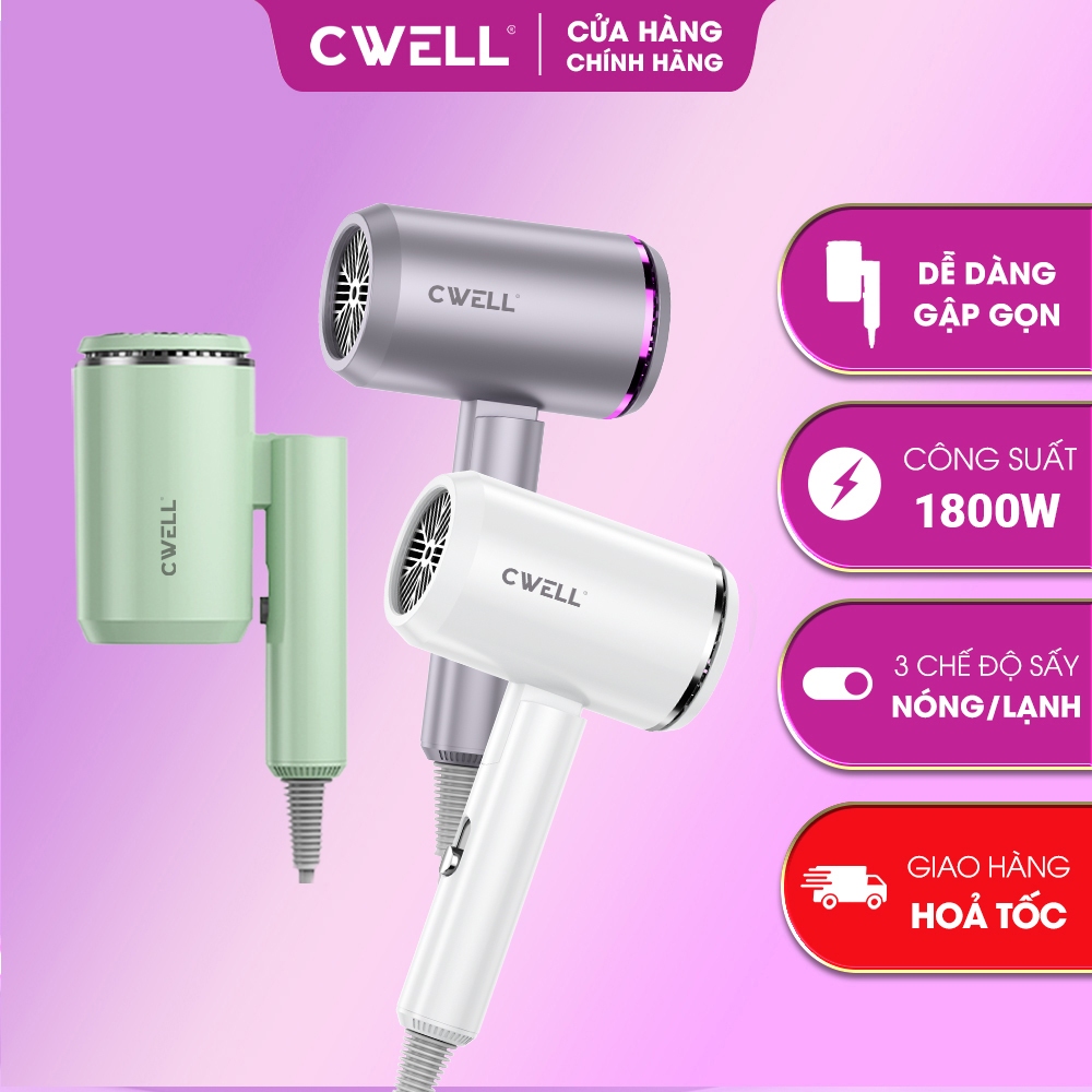 Máy sấy tóc gấp gọn CWell 1800W 2 chiều nóng lạnh, 3 chế độ nhiệt, ánh ...