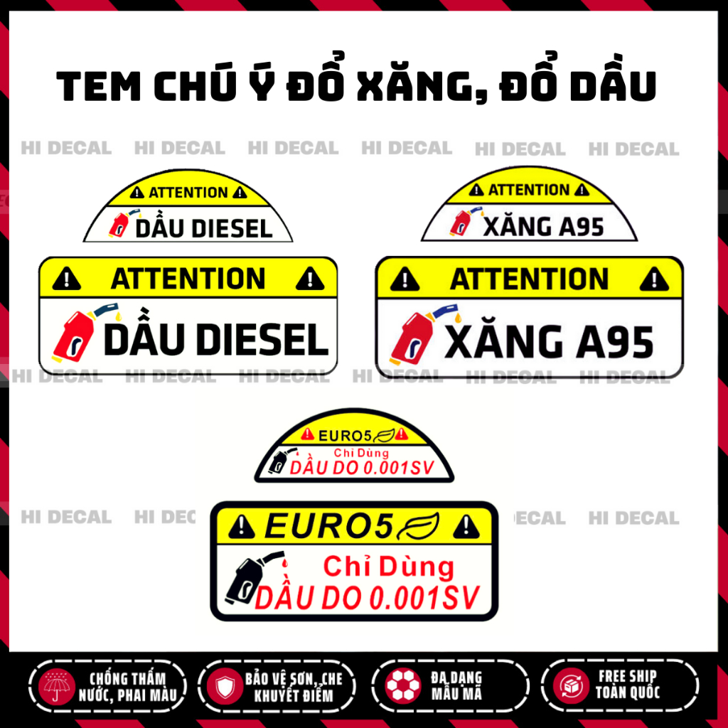 Tem chú ý đổ xăng 95, đổ dầu. Tem trang trí nắp bình xăng | Shopee Việt Nam