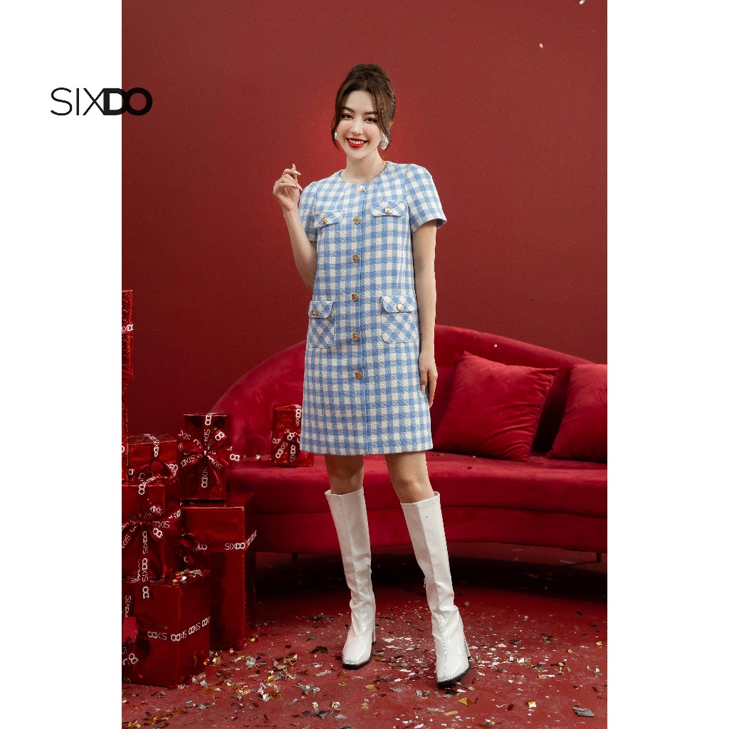 Đầm tweed suông họa tiết kẻ SIXDO (Blue Check Mini Tweed Dress ...
