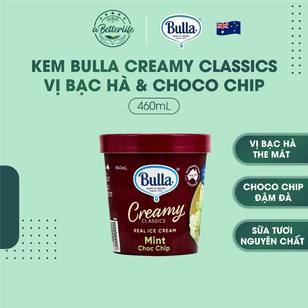Kem choco chip và bạc hà Úc Bulla Creamy Classics Mint Choco Chip 460ml ...
