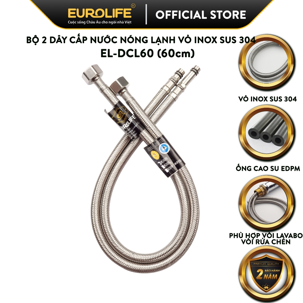 Bộ 2 dây cấp nóng lạnh 60cm dùng cho vòi Lavabo hoặc vòi rửa chén Eurolife EL-DCL60 (Trắng bạc ...