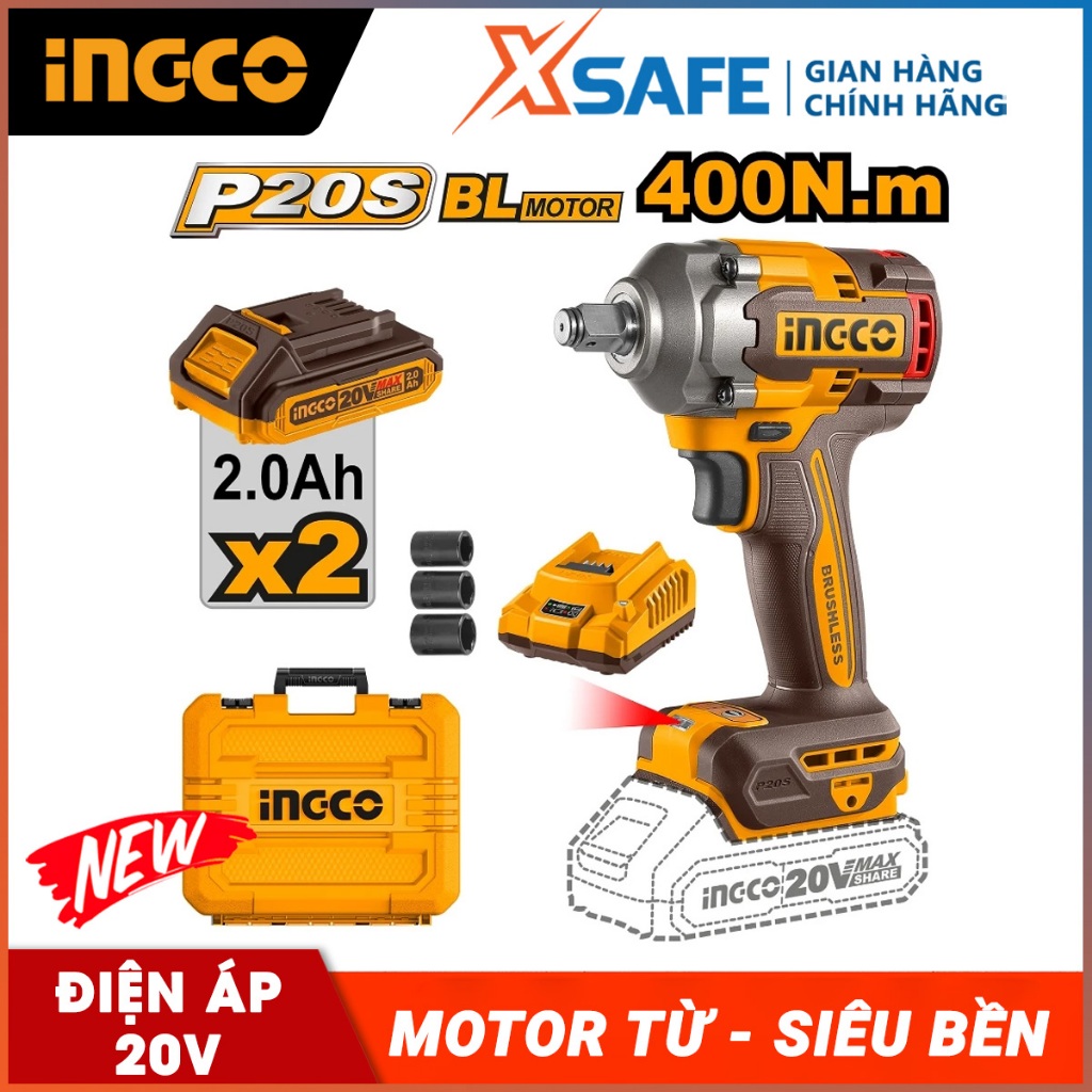 Máy siết bulong 400NM INGCO CIWLI2040 pin 20V motor không chổi than kèm 3 khẩu bulong 17,19,21mm ...