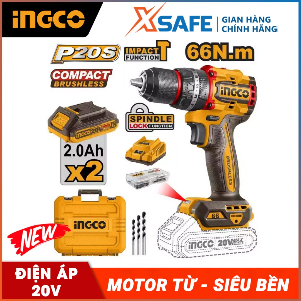 Máy khoan búa không chổi than CIDLI20668 66N.m | CIDLI20605 70NM đầu kim loại pin 20V INGCO ...