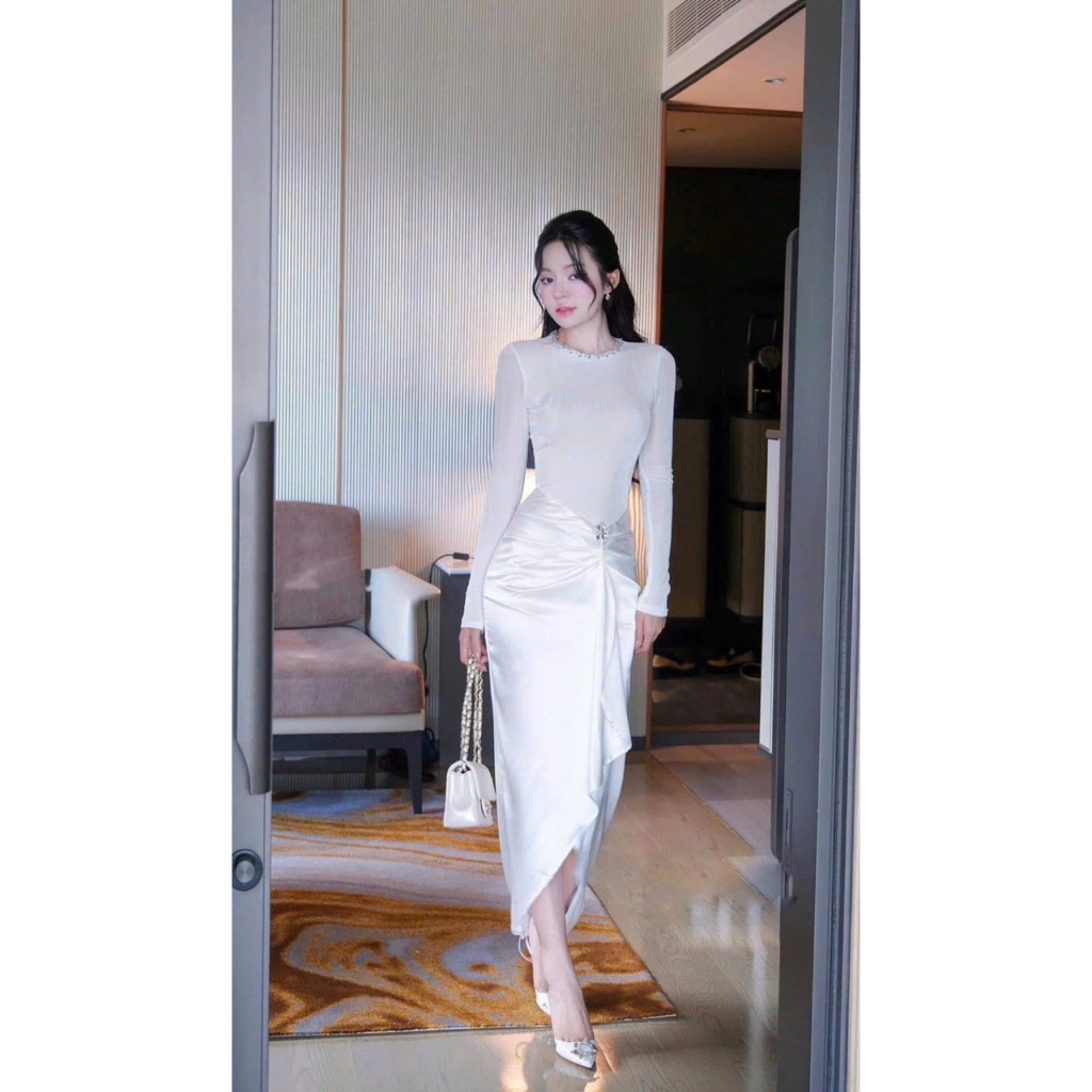 Đầm thun body tiệc cao cấp đính đá vòng cổ phối tafta có kèm tag đá, Đầm váy nữ dáng dài cổ tròn ...