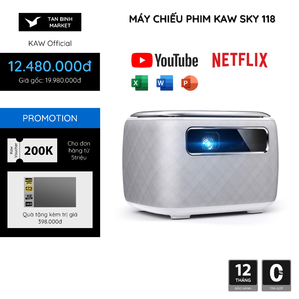 Máy chiếu cao cấp KAW SKY 118 - Công Nghệ Chiếu DLP , Độ Sáng 19000 Lumens, Pin 15600mAh, Bảo ...