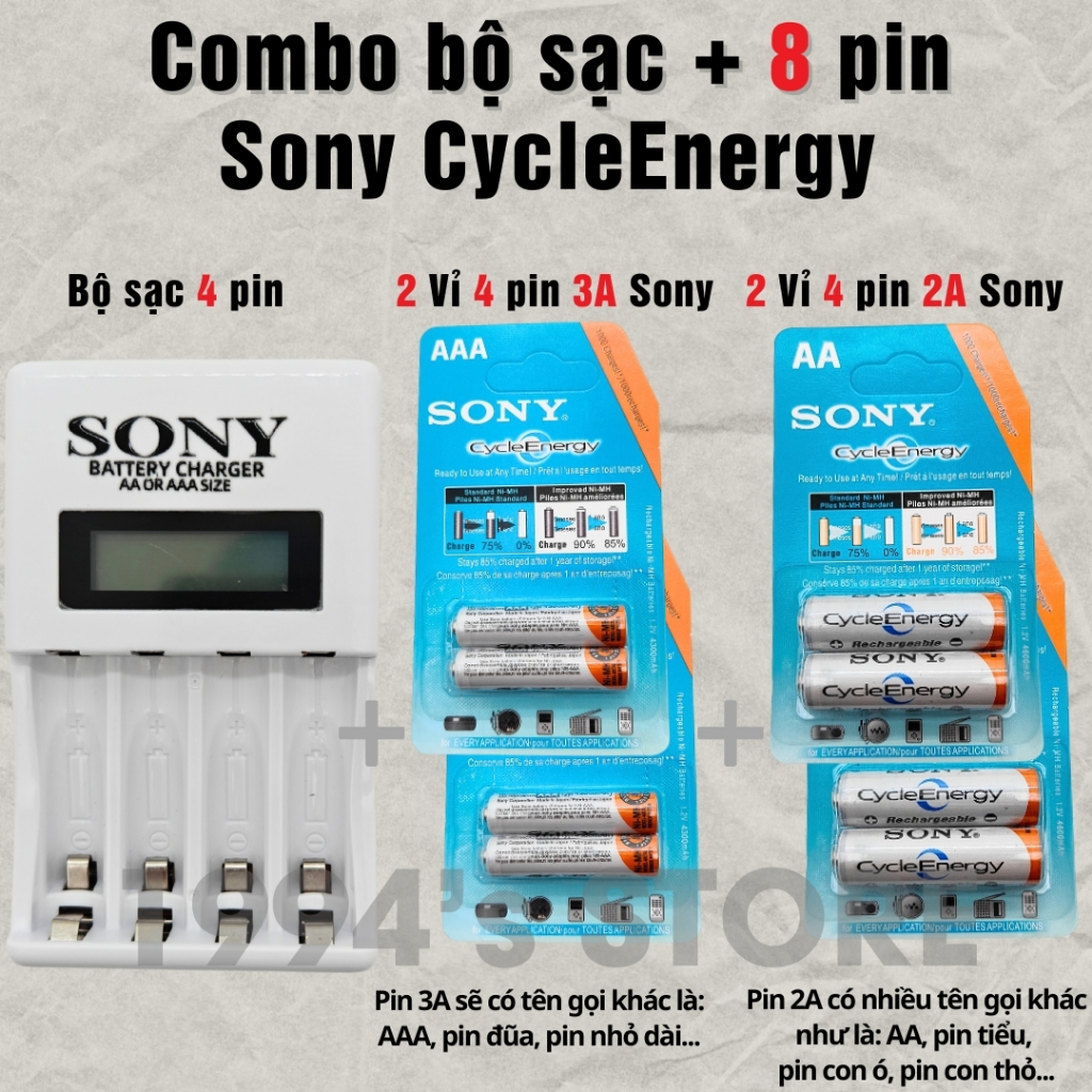 Combo bộ sạc Sony + 8 pin đũa AAA 3A hoặc 8 pin tiểu AA 2A Sony - Sạc nhanh tự ngắt khi đầy ...