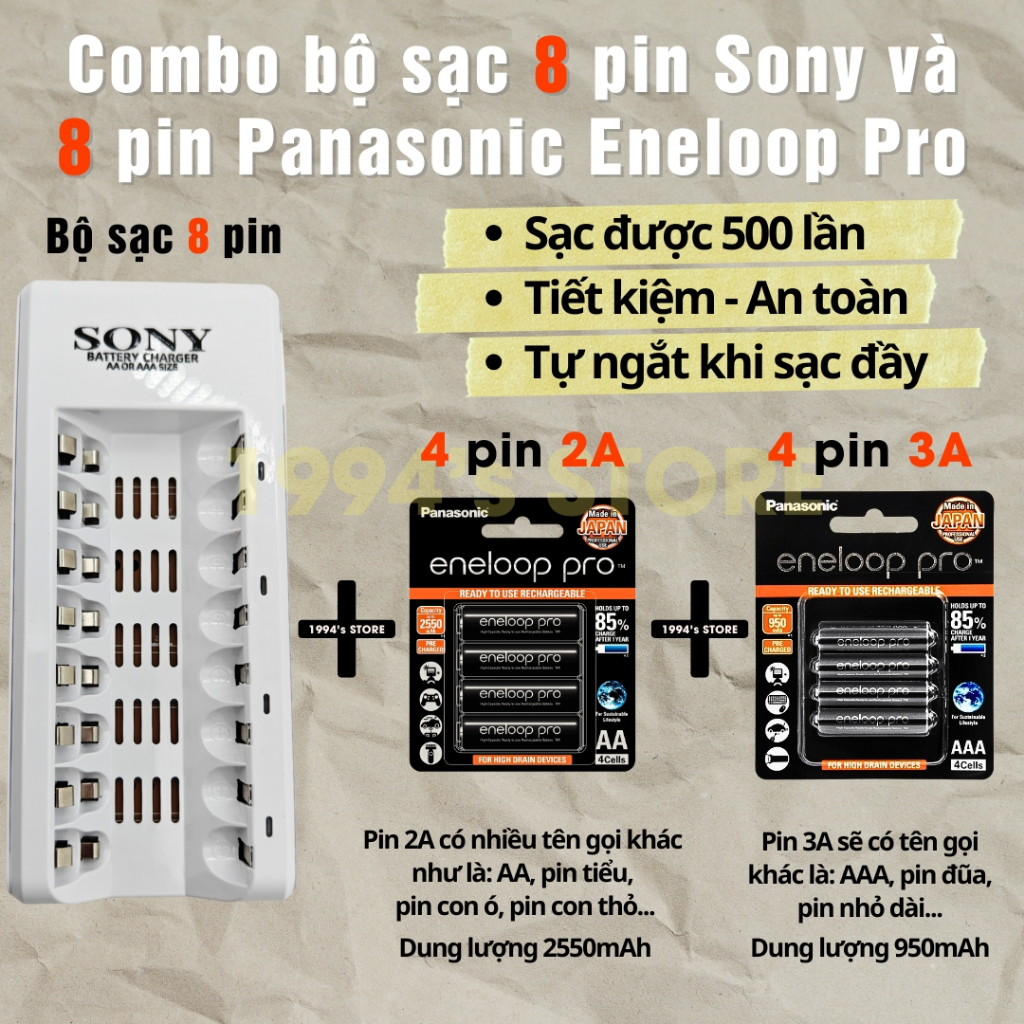 Combo bộ sạc Sony và 8 pin sạc AAA 3A hoặc 8 pin AA 2A Panasonic ...