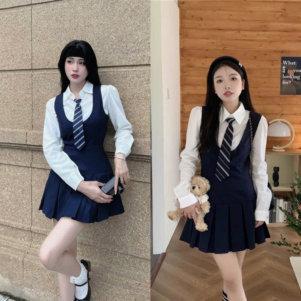 Yếm váy chân xếp ly mix áo sơ mi kèm cavat 2 màu 2001's Clothing ...