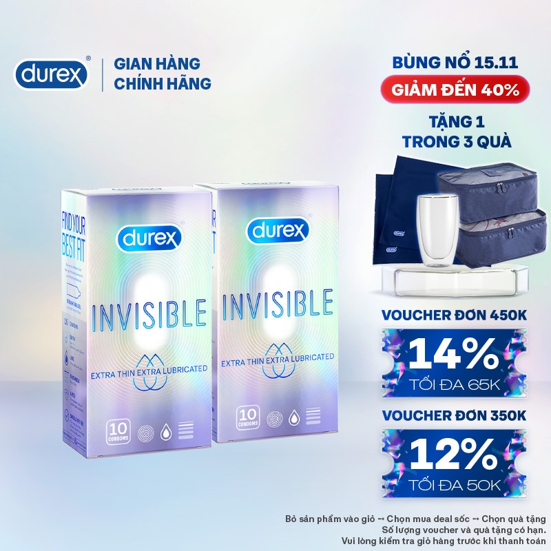Bộ 2 hộp Durex Invisible Lubricated siêu mỏng, bôi trơn (size 52mm, 10 ...