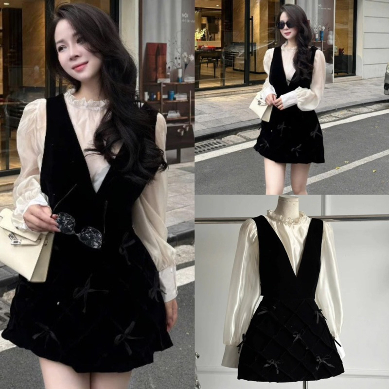 Set Yếm Nhung Đính Nơ Có Đệm Mút Mix Áo Sơmi Tơ Tay Bồng Tiểu Thư-Tặng ...