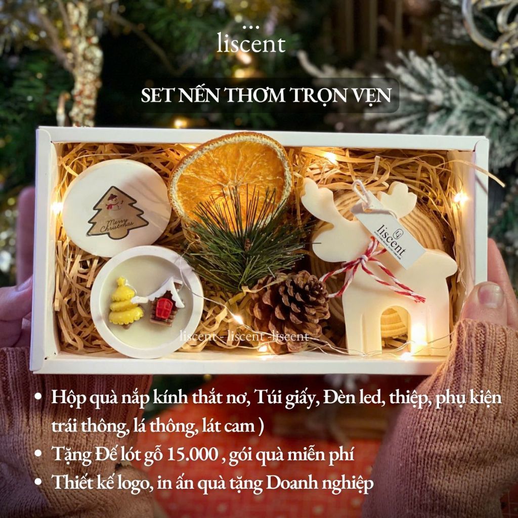 Set nến thơm quà tặng Noel, hũ gốm mix topping noel, chú Tuần Lộc, hộp ...